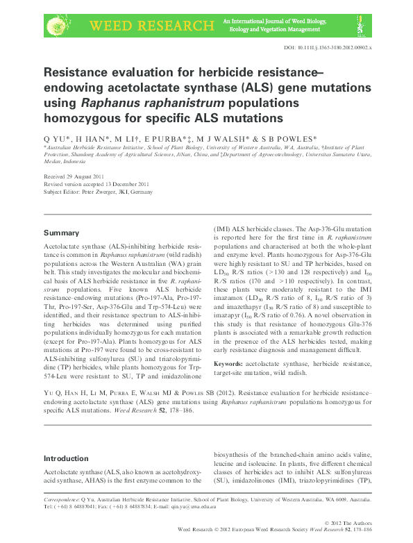(PDF) Resistance evaluation for herbicide resistance-endowing acetolactate synthase (ALS) gene ...