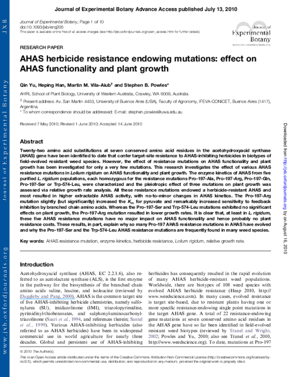 (PDF) AHAS herbicide resistance endowing mutations: effect on AHAS ...
