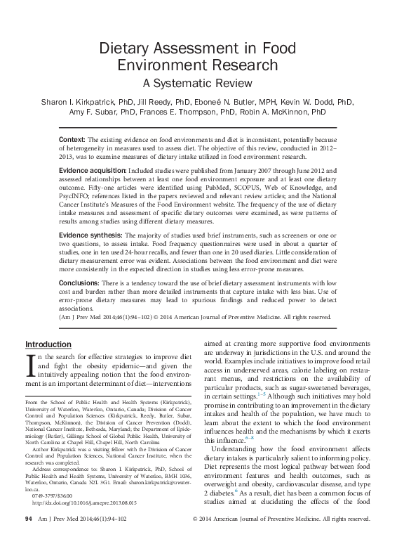 (PDF) Dietary Assessment in Food Environment Research