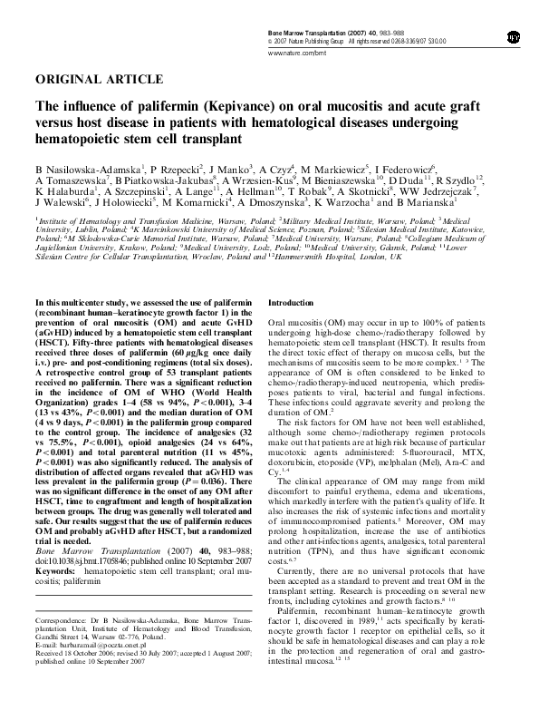 (PDF) The influence of palifermin (Kepivance) on oral mucositis and ...
