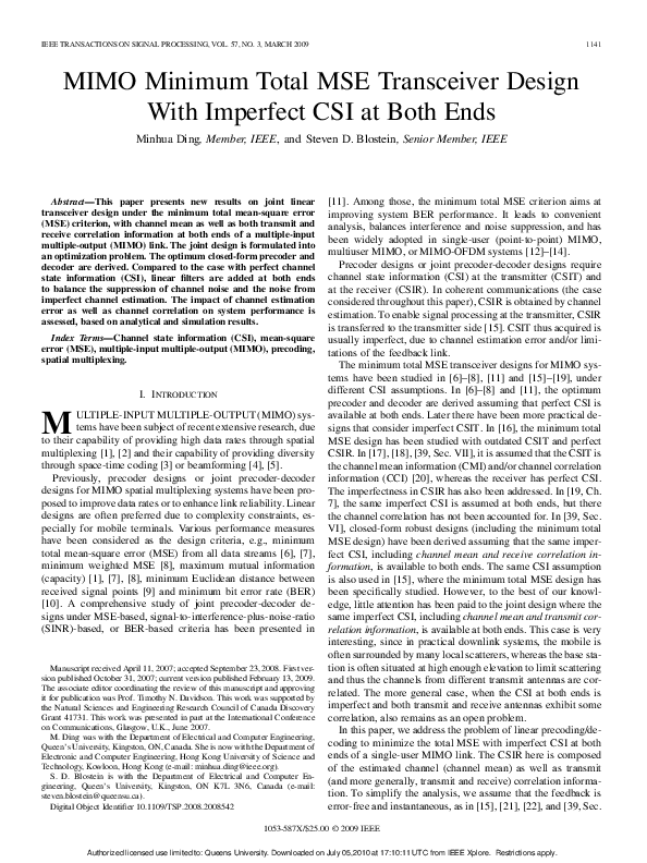 (PDF) MIMO Minimum Total MSE Transceiver Design With Imperfect CSI at Both Ends
