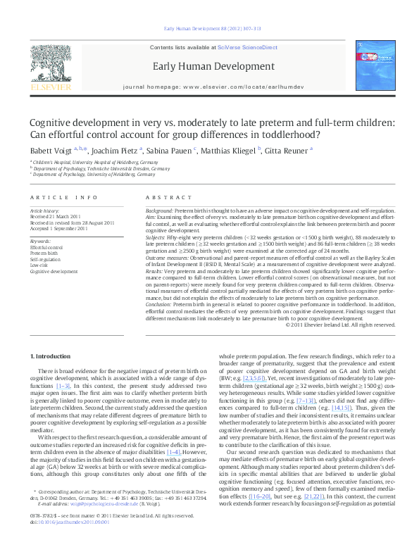 (PDF) Cognitive development in very vs. moderately to late preterm and ...