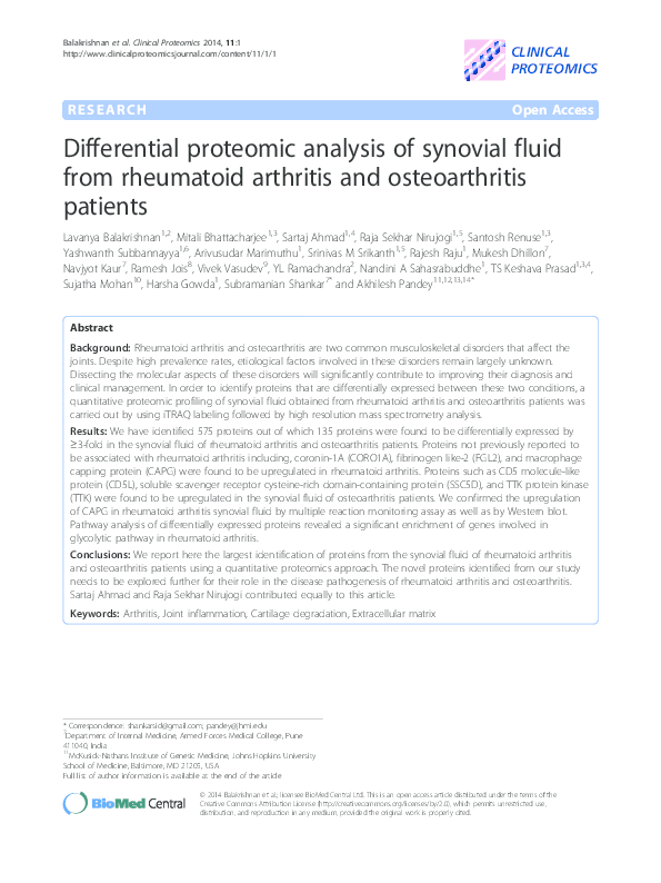(PDF) Differential proteomic analysis of synovial fluid from rheumatoid arthritis and ...