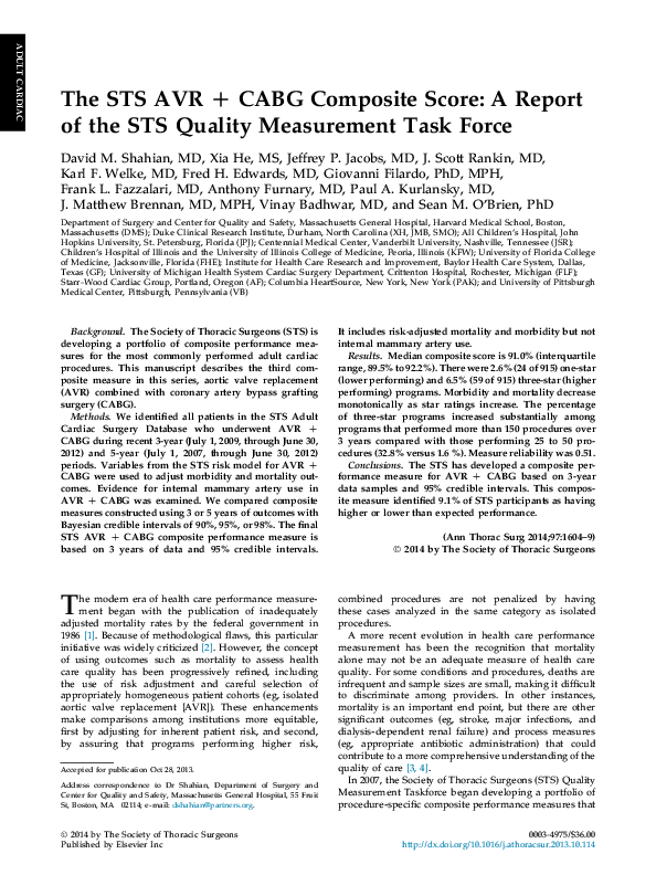 (PDF) The STS AVR + CABG Composite Score: A Report of the STS Quality ...