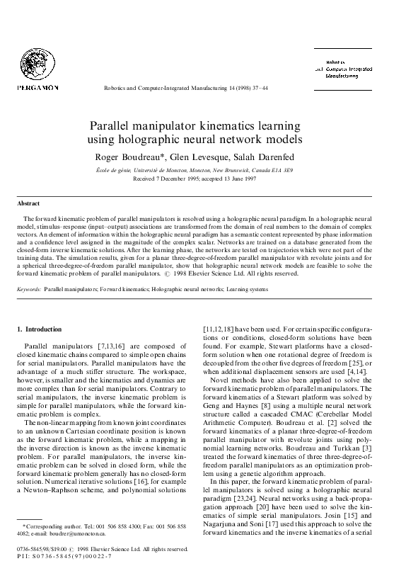 (PDF) Parallel manipulator kinematics learning using holographic neural network models