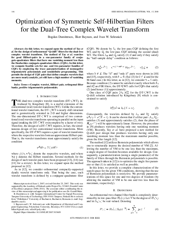 (PDF) Optimization of Symmetric Self-Hilbertian Filters for the Dual-Tree Complex Wavelet Transform