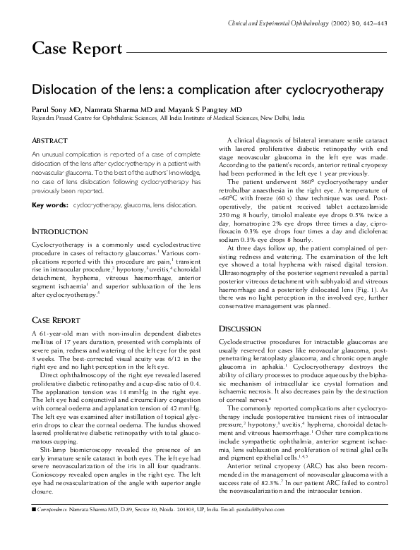 (PDF) Dislocation of the lens: a complication after cyclocryotherapy