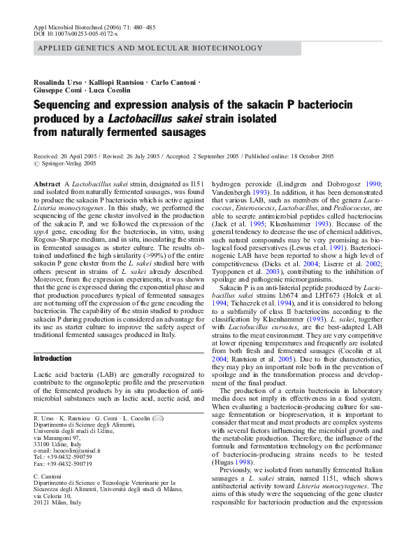 (PDF) Sequencing and expression analysis of the sakacin P bacteriocin produced by a ...