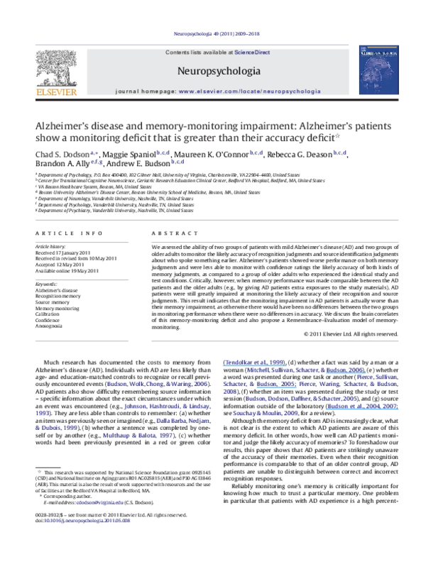 (PDF) Alzheimer's disease and memory-monitoring impairment: Alzheimer's ...