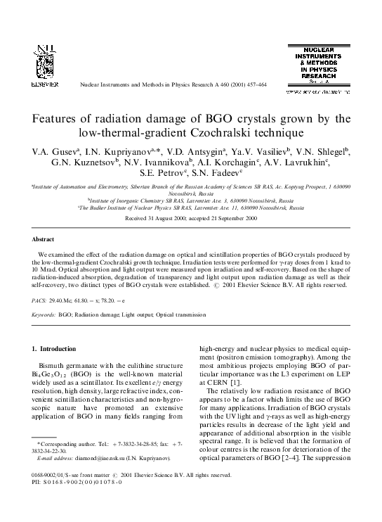 (PDF) Features of radiation damage of BGO crystals grown by the low-thermal-gradient Czochralski ...