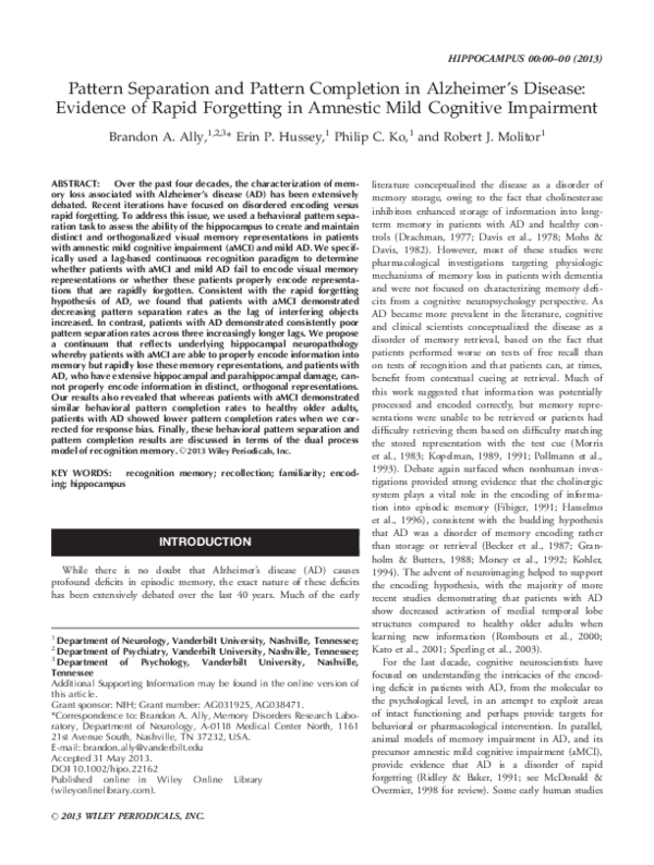 (PDF) Pattern separation and pattern completion in Alzheimer's disease: Evidence of rapid ...