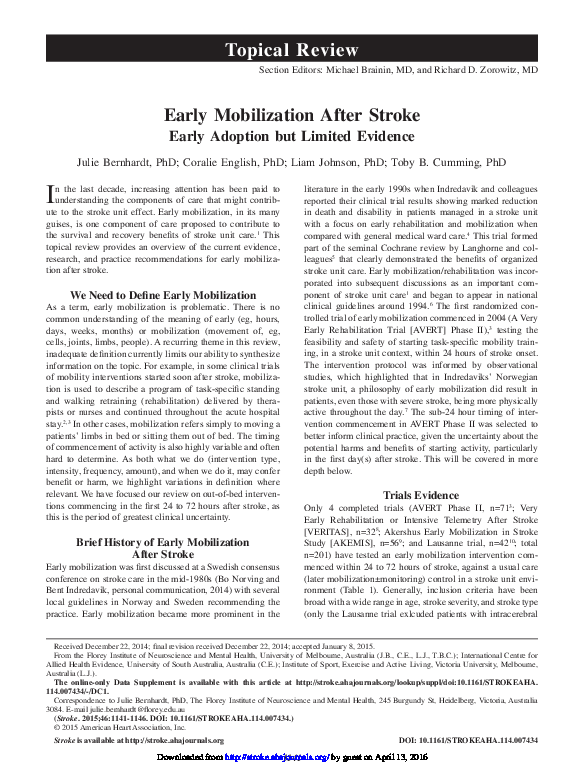 (PDF) Early Mobilization After Stroke: Early Adoption but Limited Evidence