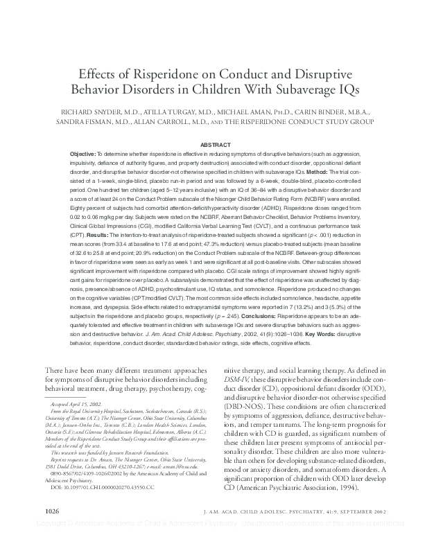 (PDF) Effects of Risperidone on Conduct and Disruptive Behavior ...