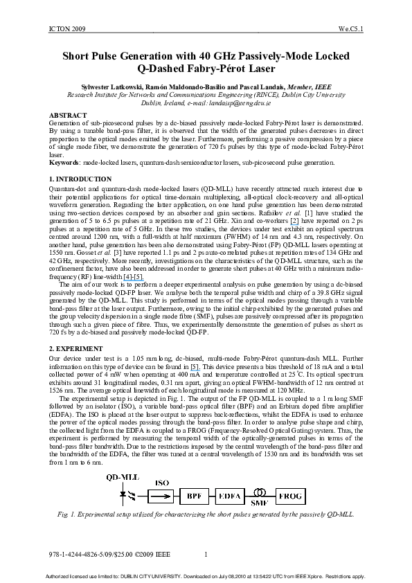 (PDF) Short pulse generation with 40 GHz passively-mode locked q-dashed Fabry-Pérot laser