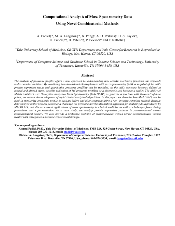(PDF) Computational Analysis of Mass Spectrometry Data Using Novel Combinatorial Methods