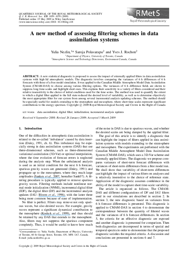(PDF) A new method of assessing filtering schemes in data assimilation systems