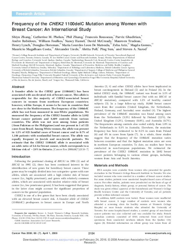 (PDF) Frequency of the CHEK2 1100delC Mutation among Women with Breast Cancer: An International ...