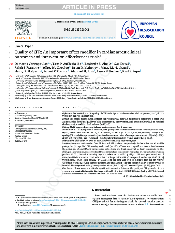 (PDF) Quality of CPR: An Important Effect Modifier in Cardiac Arrest ...