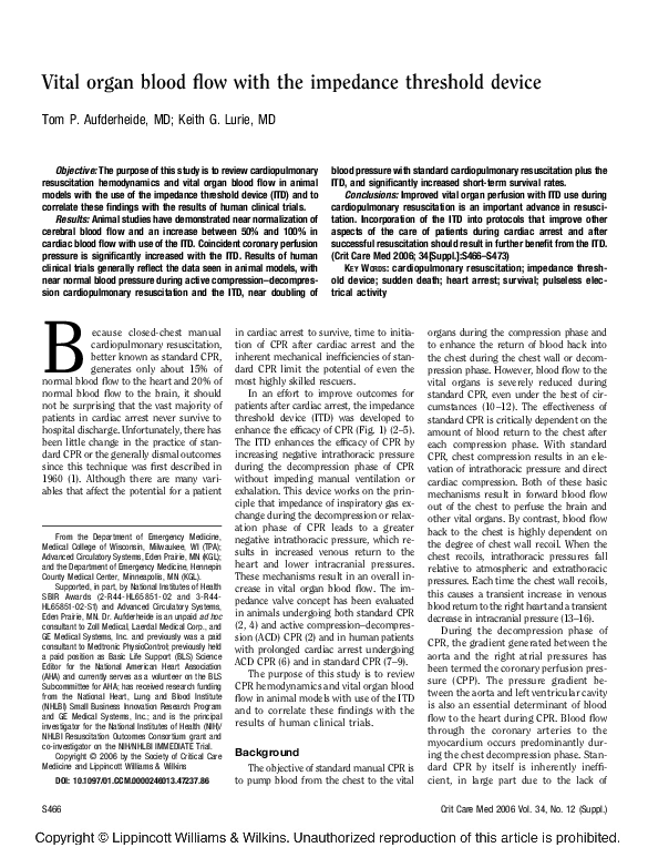 (PDF) Vital organ blood flow with the impedance threshold device