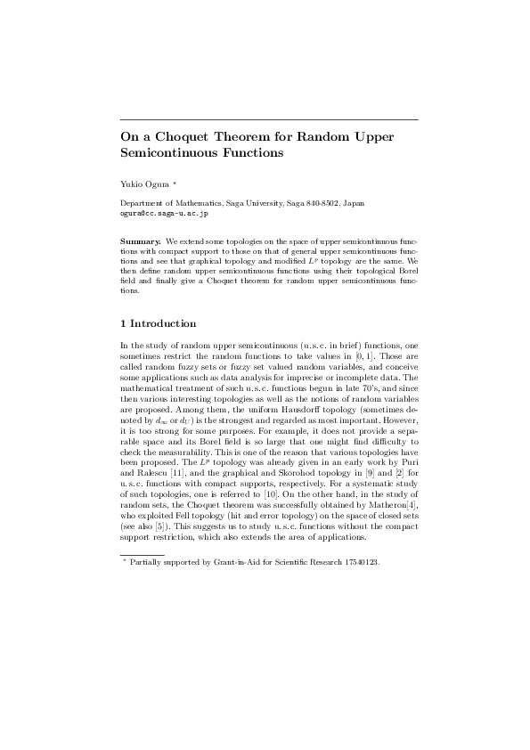 (PDF) On Choquet theorem for random upper semicontinuous functions