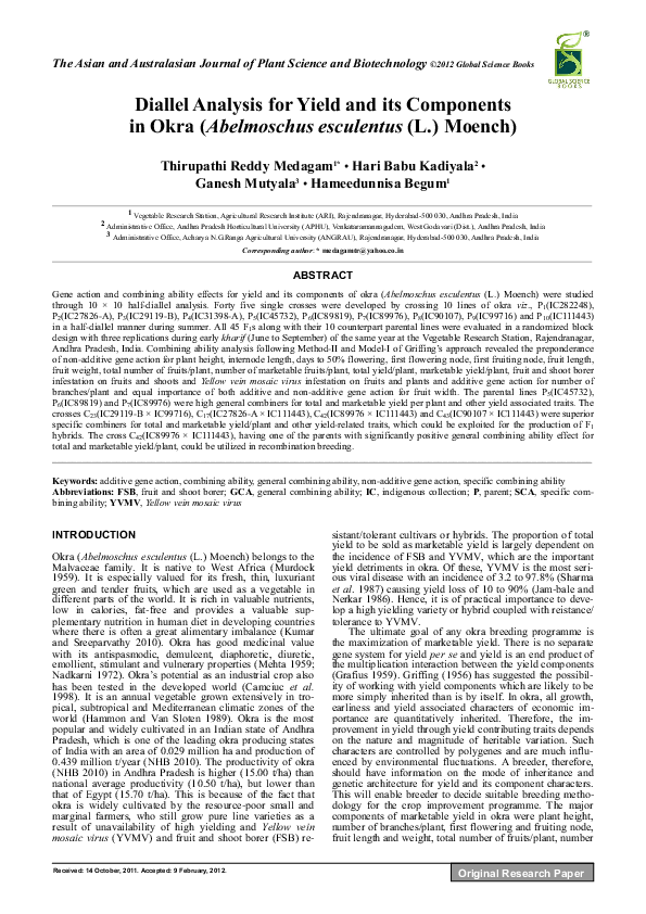 Diallel Analysis for Yield and its Components in Okra (Abelmoschus ...