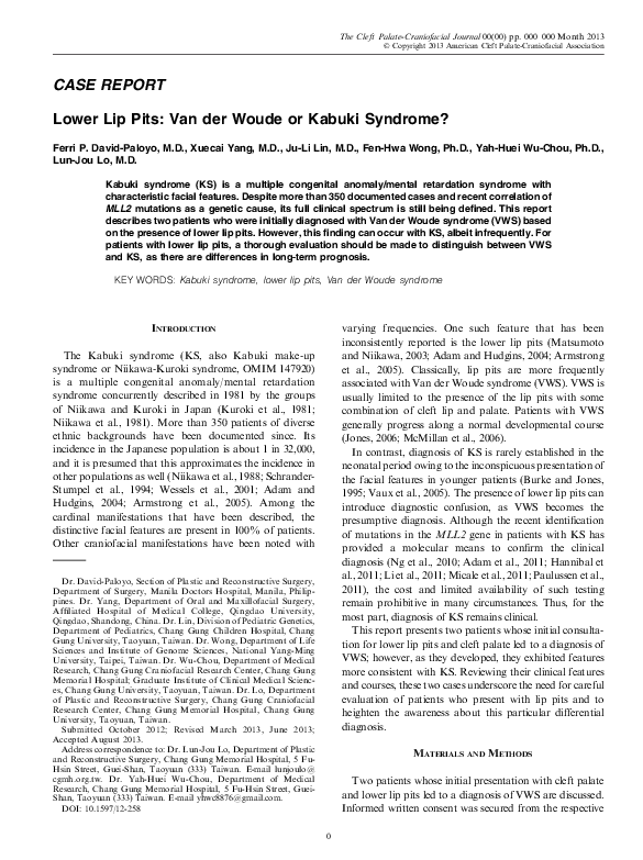 (PDF) Lower Lip Pits: Van der Woude or Kabuki Syndrome?