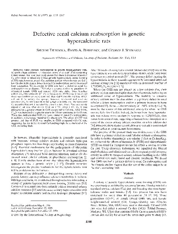 (PDF) Defective renal calcium reabsorption in genetic hypercalciuric rats