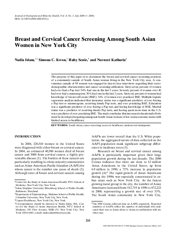 (PDF) Breast and Cervical Cancer Screening Among South Asian Women in ...