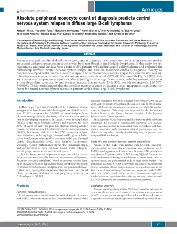 (PDF) Absolute peripheral monocyte count at diagnosis predicts central nervous system relapse in ...