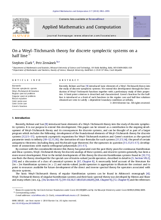 (PDF) On a Weyl–Titchmarsh theory for discrete symplectic systems on a half line