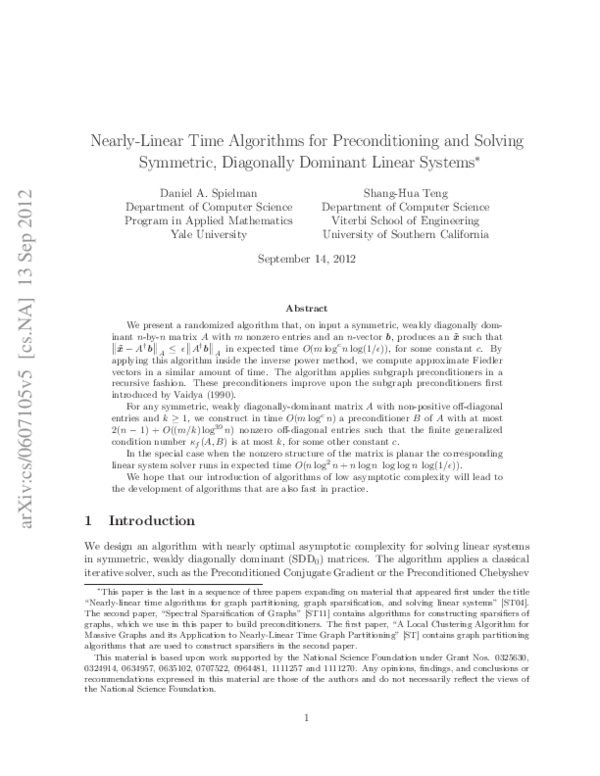 Pdf Nearly Linear Time Algorithms For Preconditioning And Solving Symmetric Diagonally