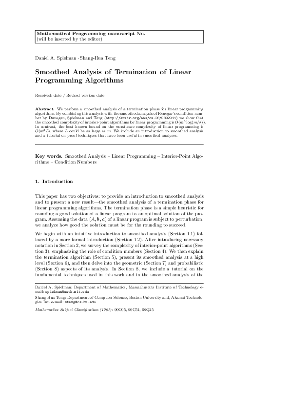 Pdf Smoothed Analysis Of Termination Of Linear Programming Algorithms