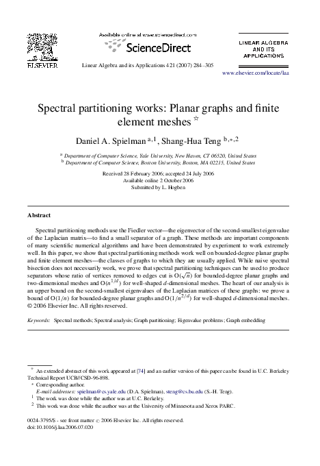 Pdf Spectral Partitioning Works Planar Graphs And Finite Element Meshes Daniel Spielman