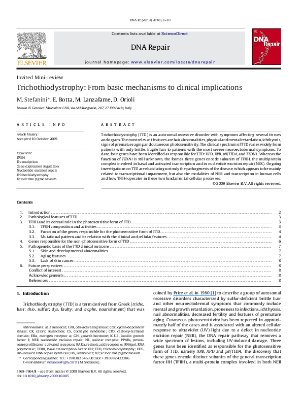 (PDF) Trichothiodystrophy: From basic mechanisms to clinical implications