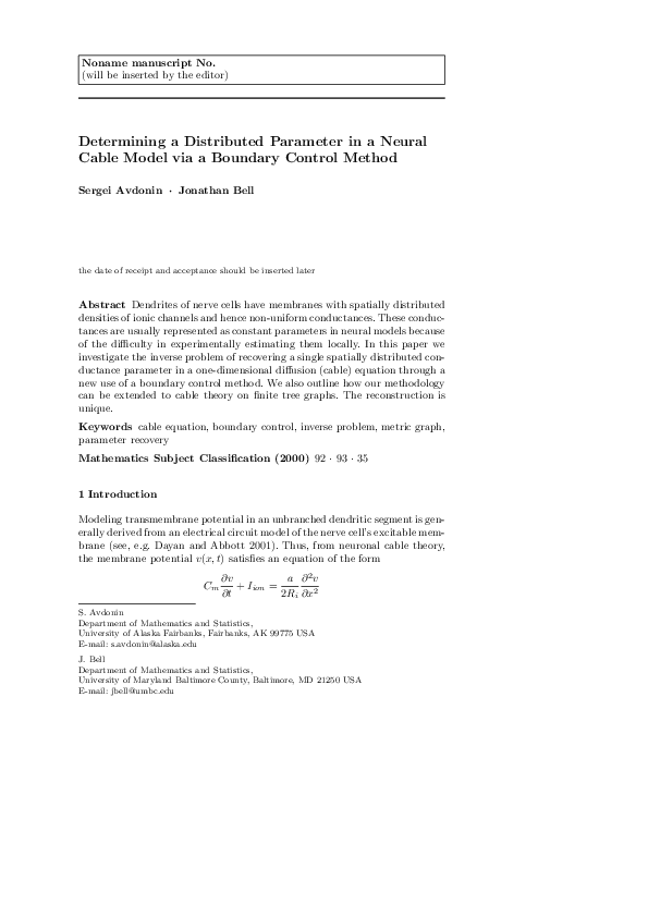 Pdf Determining A Distributed Parameter In A Neural Cable Model Via A