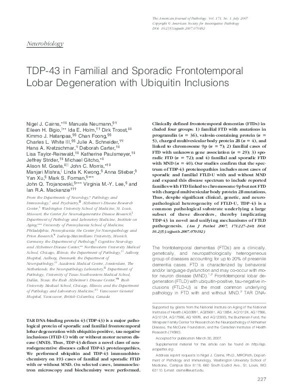(PDF) TDP-43 in Familial and Sporadic Frontotemporal Lobar Degeneration ...