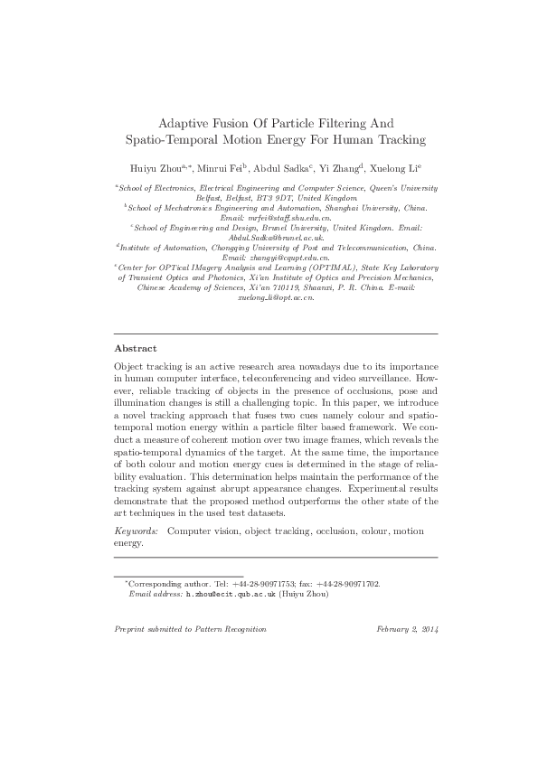 Pdf Adaptive Fusion Of Particle Filtering And Spatio Temporal Motion Energy For Human Tracking