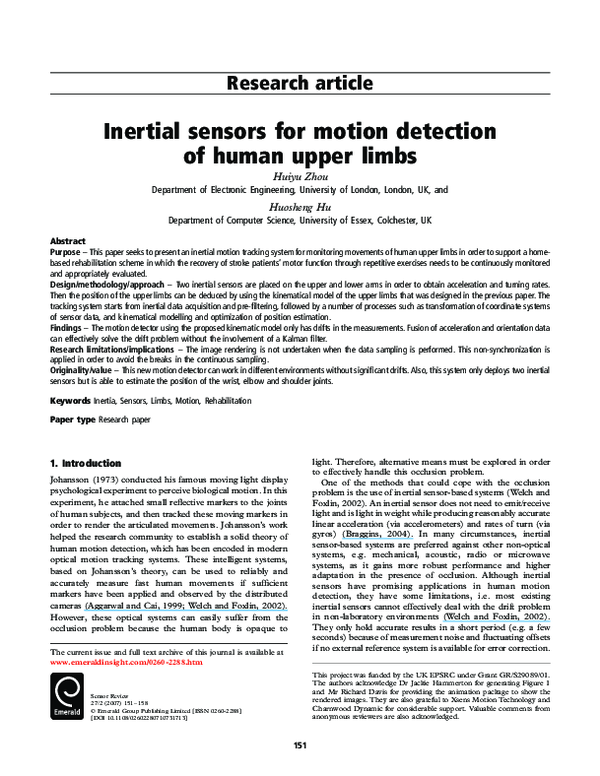 (PDF) Inertial sensors for motion detection of human upper limbs