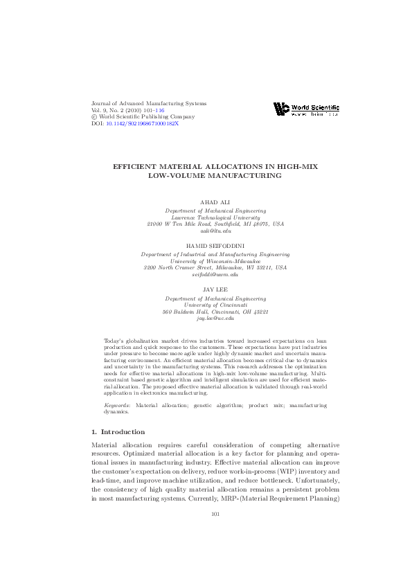(PDF) EFFICIENT MATERIAL ALLOCATIONS IN HIGH-MIX LOW-VOLUME MANUFACTURING