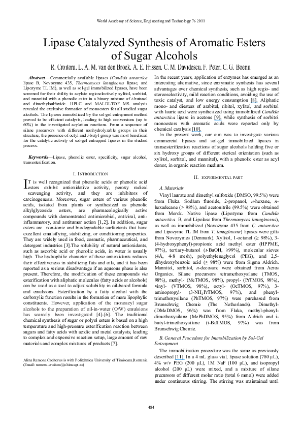 (PDF) Lipase catalyzed synthesis of aromatic esters of sugar alcohols