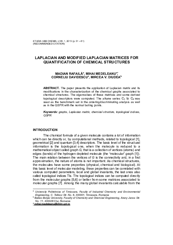Pdf Laplacian Matrices In Chemical Structure Analysis