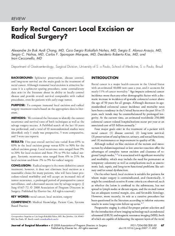 (PDF) Early Rectal Cancer: Local Excision or Radical Surgery?