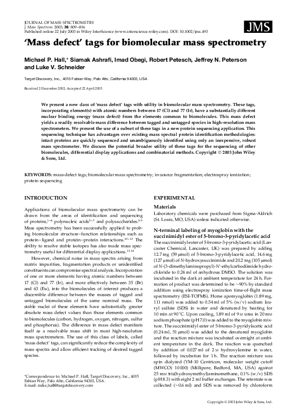 (PDF) ?Mass defect? tags for biomolecular mass spectrometry