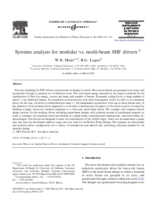 (PDF) Systems analysis for modular vs. multi-beam HIF drivers