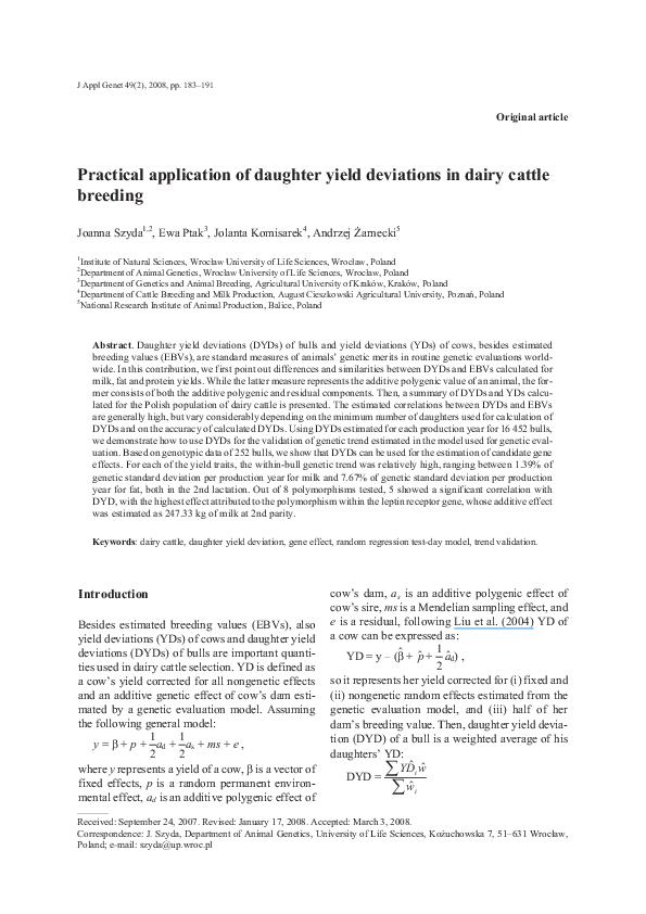 (PDF) Practical application of daughter yield deviations in dairy ...