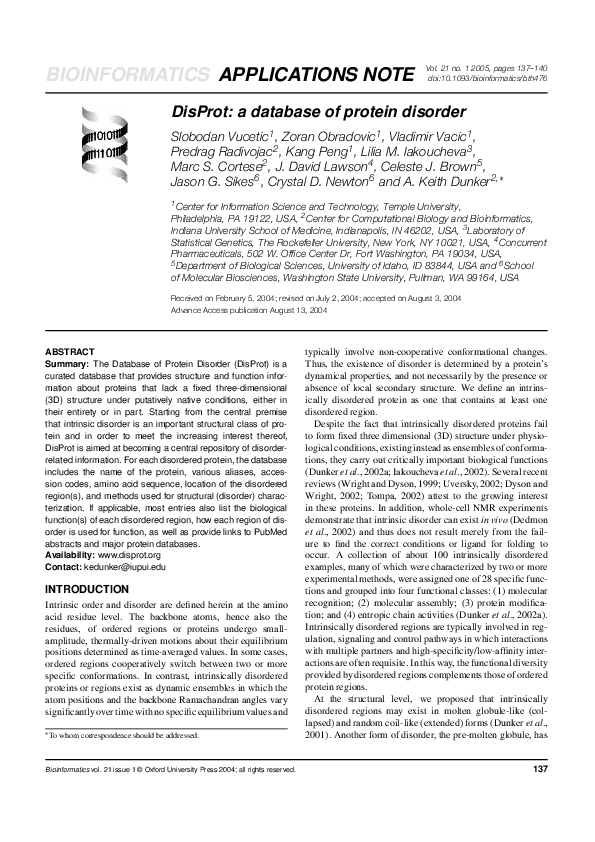 (PDF) DisProt: a database of protein disorder