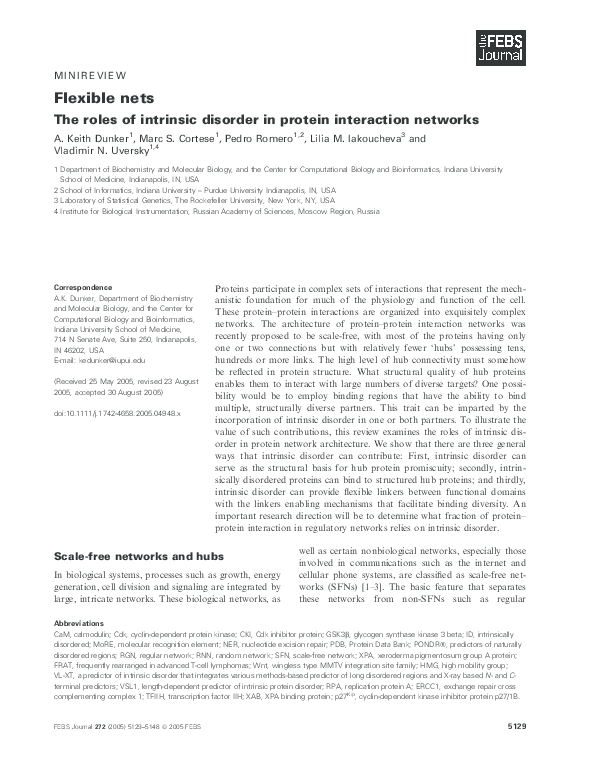 (PDF) Flexible nets. The roles of intrinsic disorder in protein interaction networks
