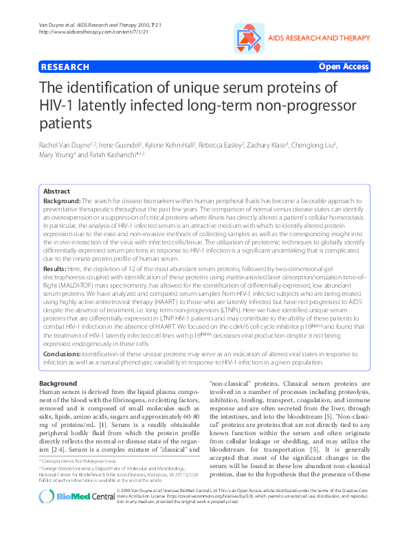 (PDF) The identification of unique serum proteins of HIV-1 latently ...