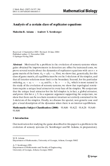 (PDF) Analysis of a certain class of replicator equations