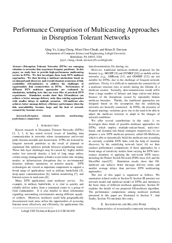 (PDF) Performance Comparison of Multicasting Approaches in Disruption Tolerant Networks